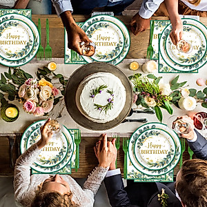 96 Pieces Greenery Eucalyptus Happy Birthday Plates Eucalyptus Birthday Themed Party Decorations Green Leaf Baby Shower Party Dessert Paper Plates Napkins Forks Supplies for 24 Guests Tableware Set