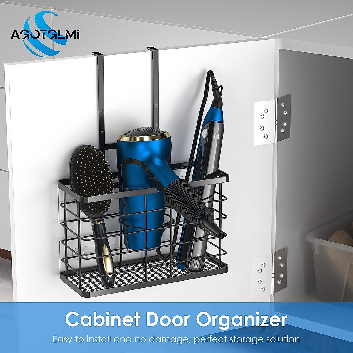 Hair Tool Organizer, Dryer Holder, 3 in 1 Blow Bathroom Organizer Wall Mounted/Cabinet Door for Flat Iron, Curling Straightener, Care & Styling Tools Storage Basket