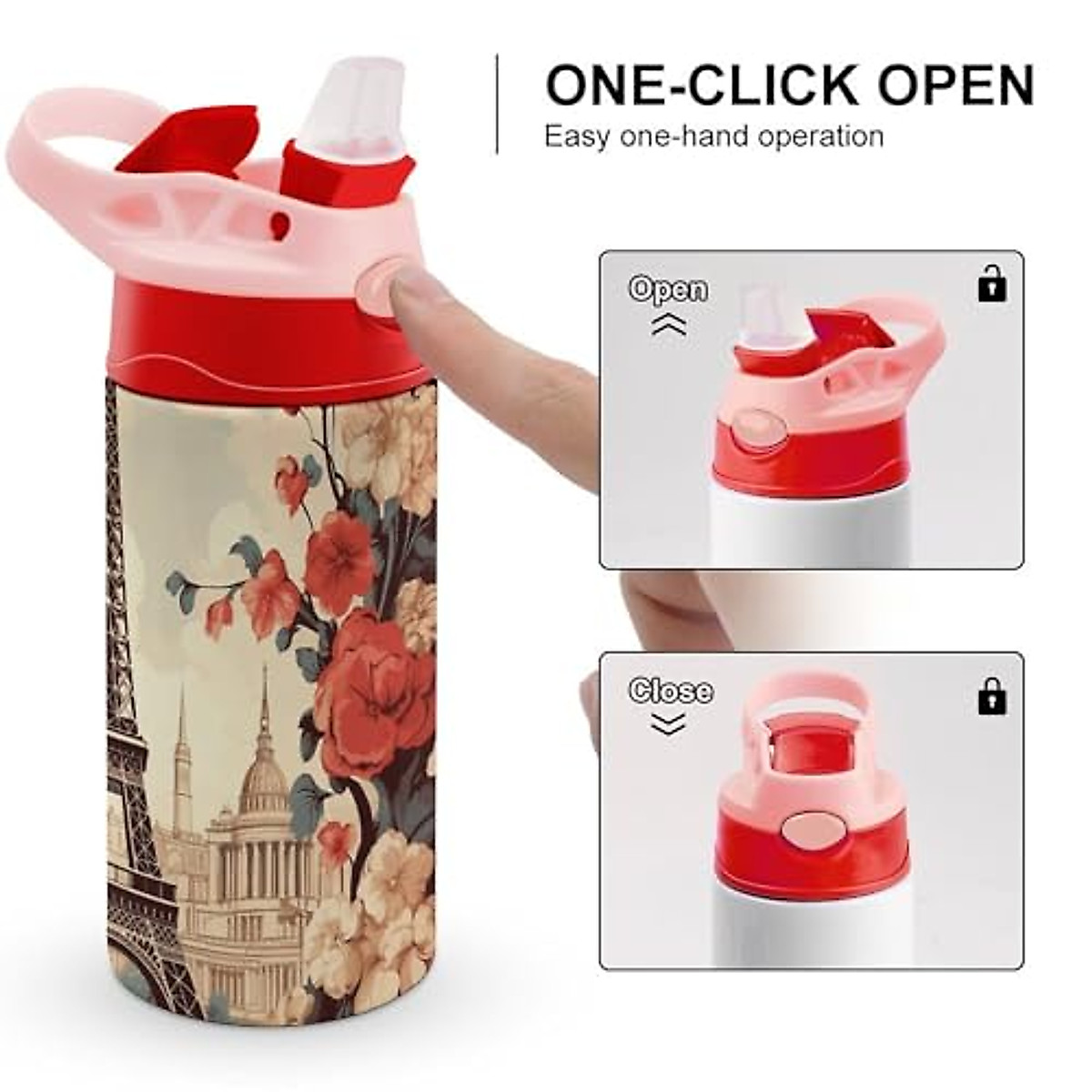 Stainless Steel Water Bottles Paris Vintage Floral Travel Water Cups with Handle And Silicone Straw Drinking Cup with Leak Proof Lid Thermo Travel Mug for Women Men