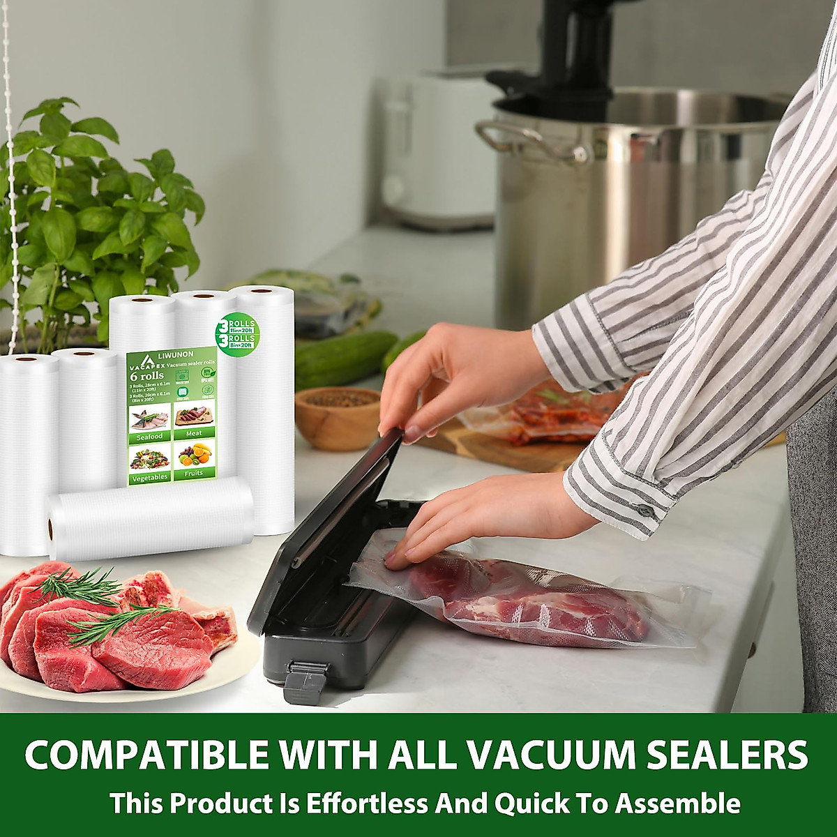 Multi-layer Vacuum Sealer Bags Rolls, LIWUNON 6 Pack 11" x 20' x3 Rolls and 8" x 20' x3 Rolls Commercial Grade Bag Rolls, Compatible with All Kinds of Vacuum Sealers