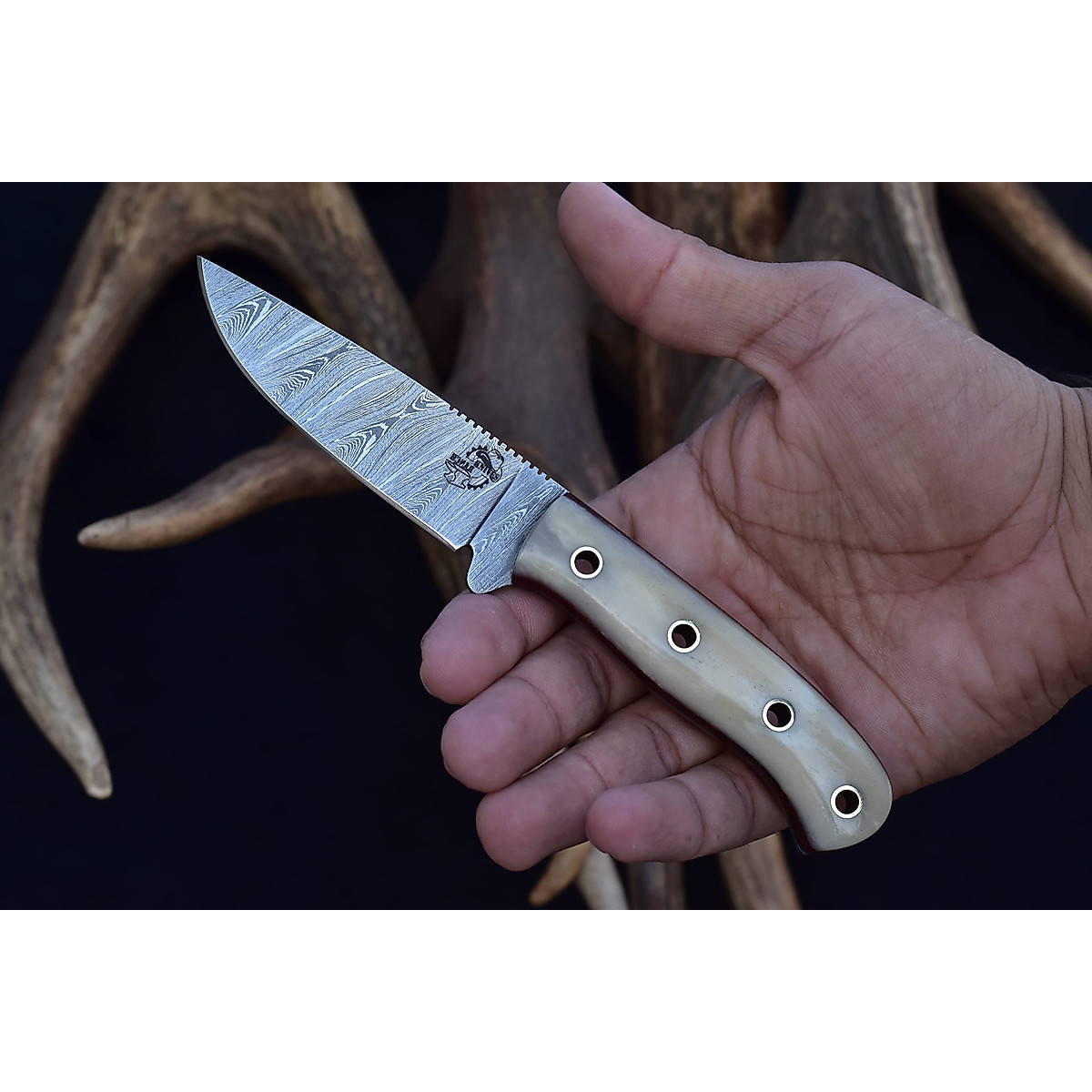 Knives Ranch Handmade Damascus Steel Knife Full Tang Quad Lanyard Hole Knife Cattle Bone Handle Heavy Duty 45 Degree Pancake Sheath Snug Fit (3112-B)