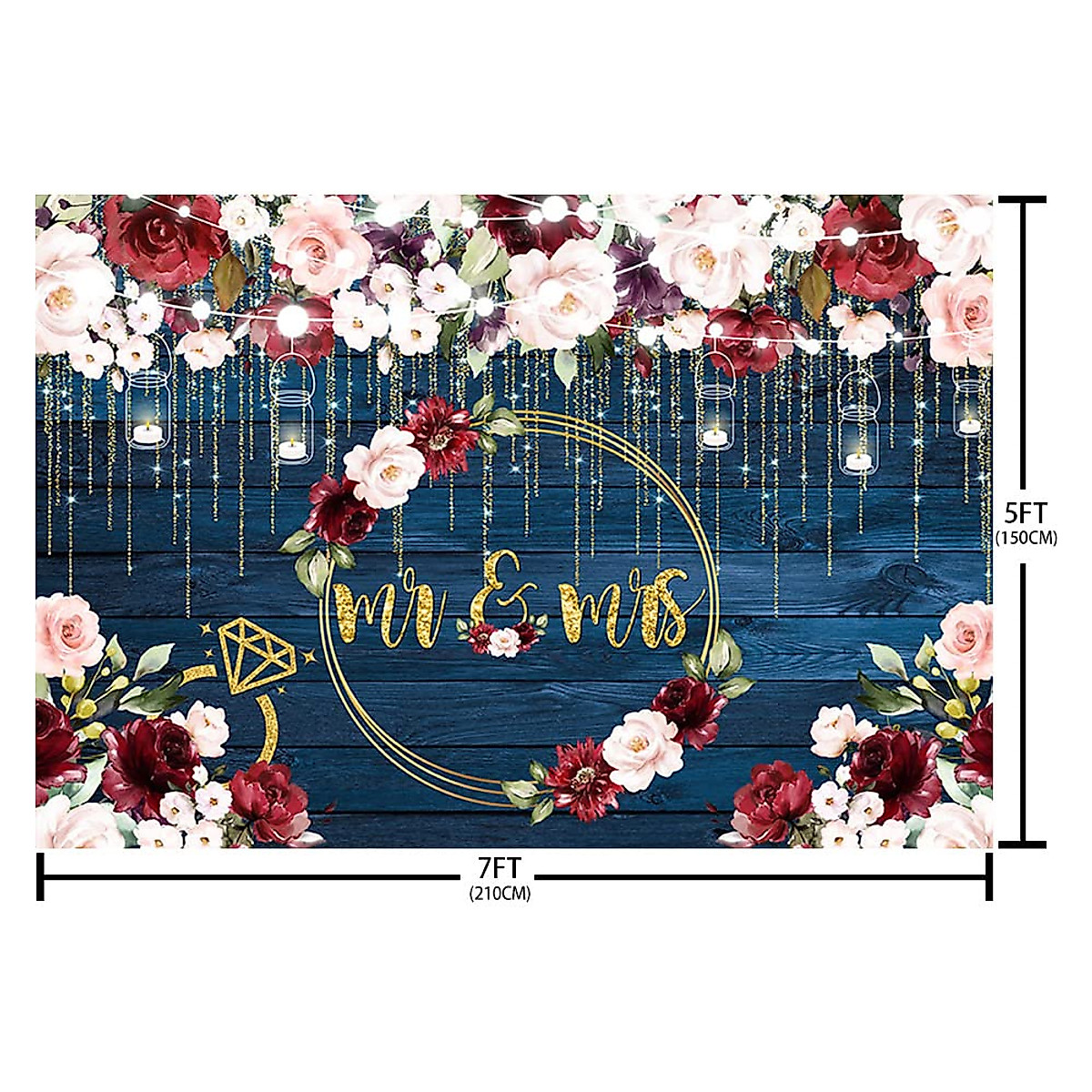 AIBIIN 7x5ft Burgundy Pink Floral Mr & Mrs Engagement Decorations Backdrop for Couples Navy Wood Wedding Bride Groom Engaged Ceremony Anniversary Bridal Shower Photography Background Photo Booth Props