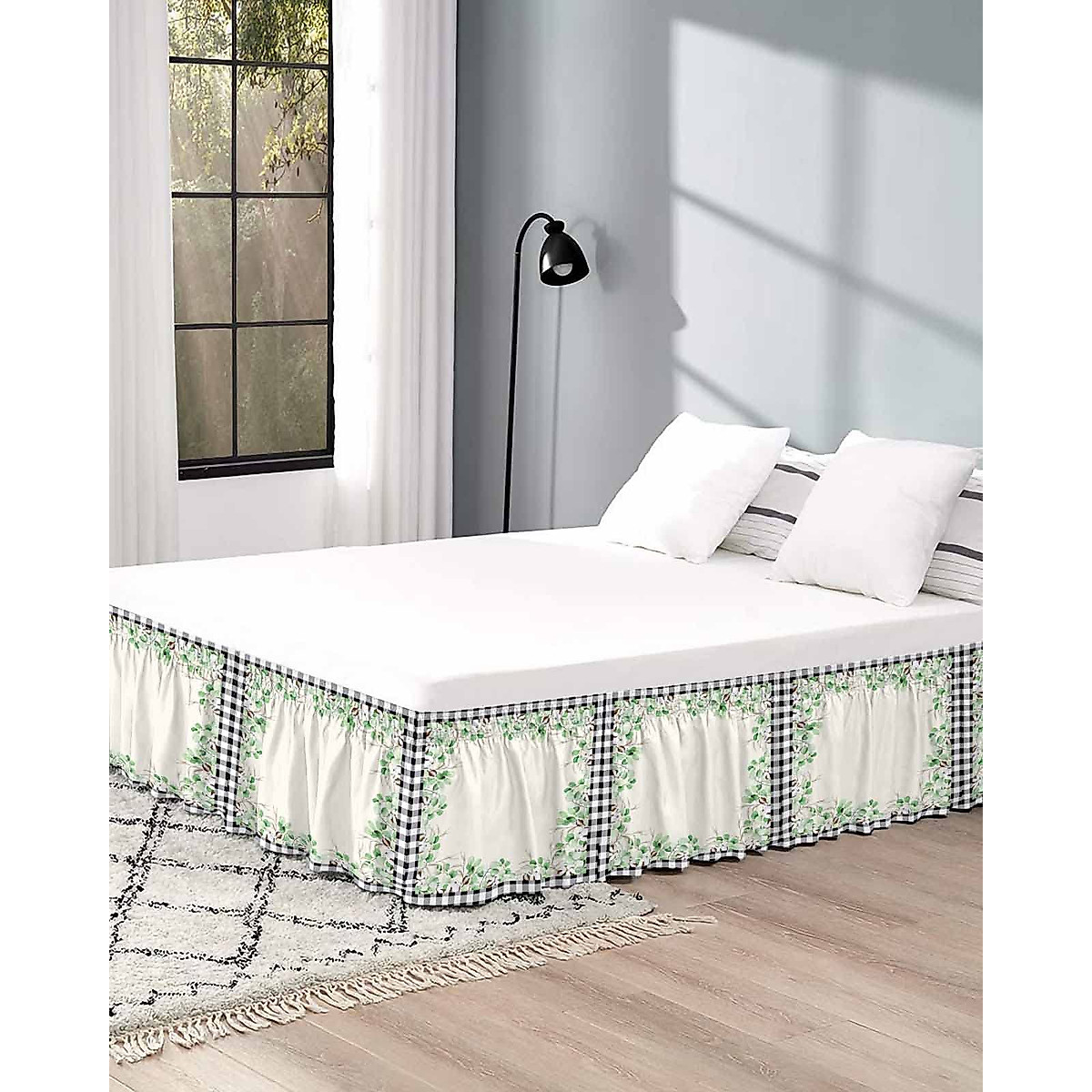 Black and White Buffalo Plaid Bed Skirt King Size 16 Inch Drop,Adjustable & Elastic Wrap Around Bed Skirts Pleated Dust Ruffles for Twin Full Queen Cal King Bed,Spring Leaves Green Watercolor Leaf