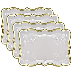 10 White Rectangle Trays with Gold Rim Border for Elegant Dessert Table Serving Parties 9" X 13" Heavy Duty Disposable Paper Cardboard for Platters, Cupcake Display, Birthday Party, Weddings Food Safe