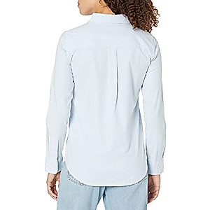 Amazon Essentials Women's Long Sleeve Button Down Stretch Oxford Shirt (Available in Plus Size), Blue/White/Stripe, Large