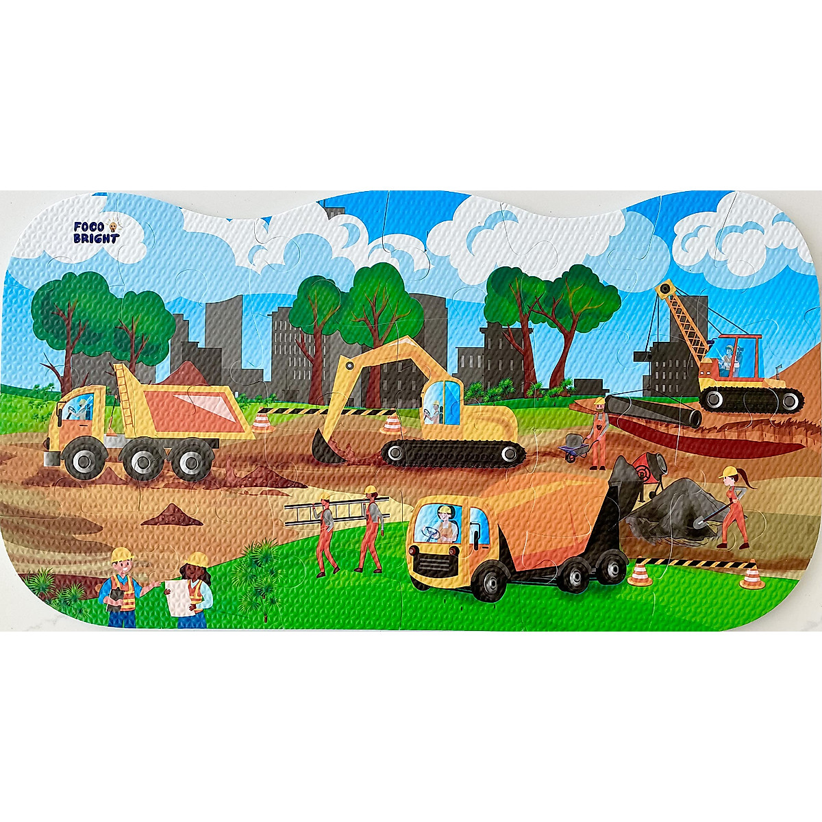 Construction Trucks Foam Puzzle -Excavator, Crane Truck, Cement Mixer, Dump Cones and Workers- Educational Truck Floor for Kids - 25 Pieces Bright! Yellow, Orange, Green Zone Kids! 13x24 inches