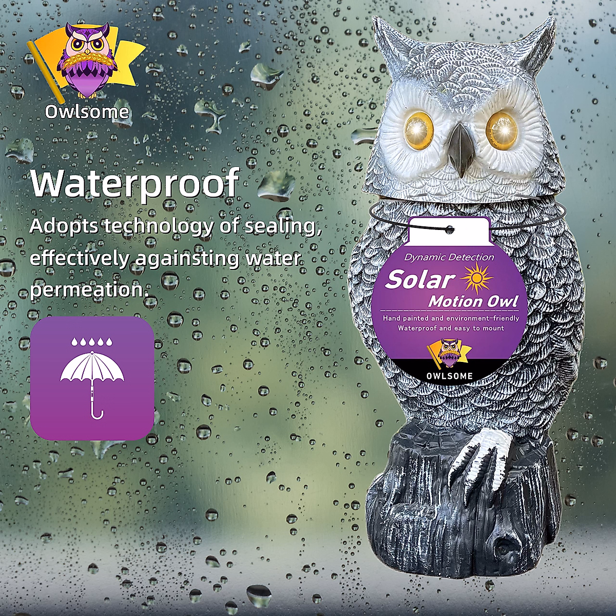 Owlsome Solar Snowy Owl with Flashing Eyes, Rotating Head, Hooting, Motion Detector and Silent Mode, Plastic Owl Garden Sculpture, Garden Decoration