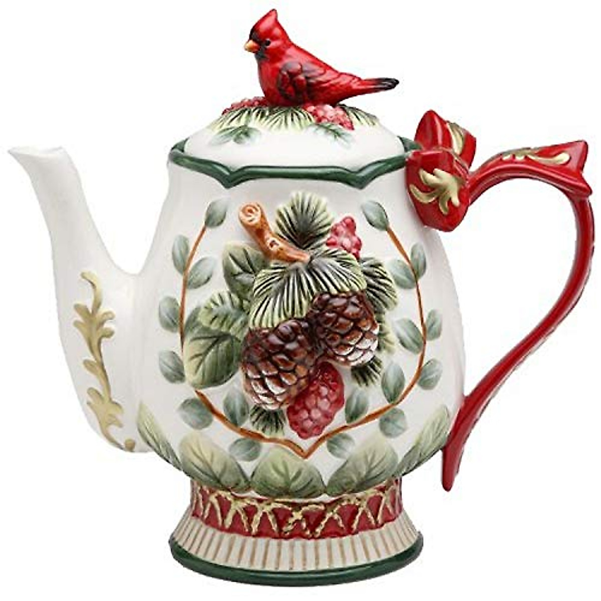 Fine Ceramic Hand Painted Cardinal and Evergreen Pine Cone Design with Red Ribbon Handle Teapot, 8-1/8" L