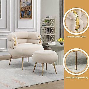 Antetek Modern Velvet Accent Chair with Ottoman, Upholstered Sofa Chair with Stylish Golden Decor, Comfy Arm Chair Leisure Lounge Chair for Living Room, Bedroom, Office, Beige