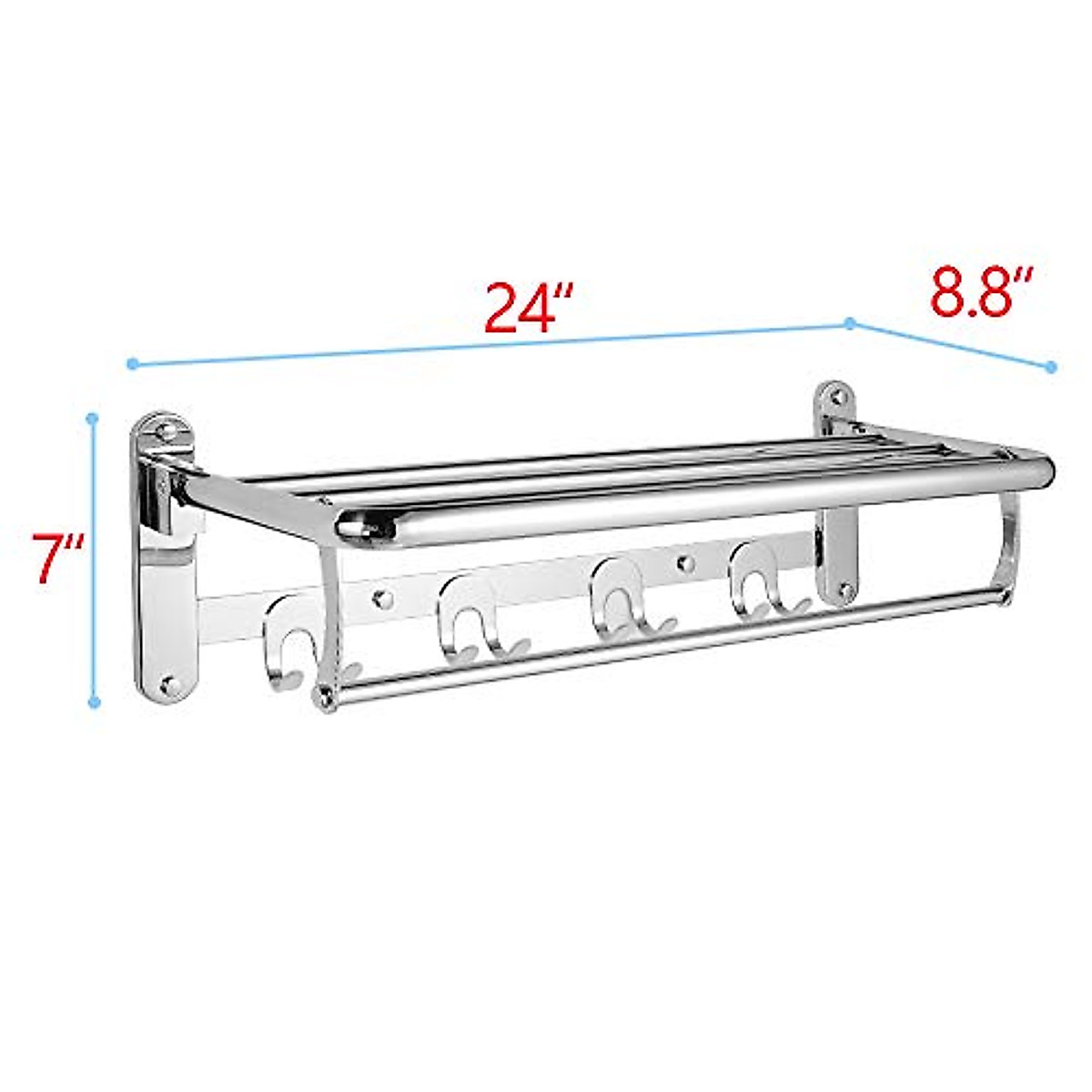 HOONEX Foldable Towel Rack for Bathroom Wall Mounted, 24-Inch Towel Shelf with Towel Hooks and Adjustable Towel Bar, 304 Stainless Towel Holder, Polished Silver