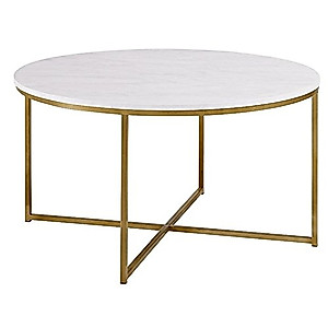 Walker Edison Modern Glam Round Accent Faux White Marble Coffee Table with Gold X-Base, 36 Inch