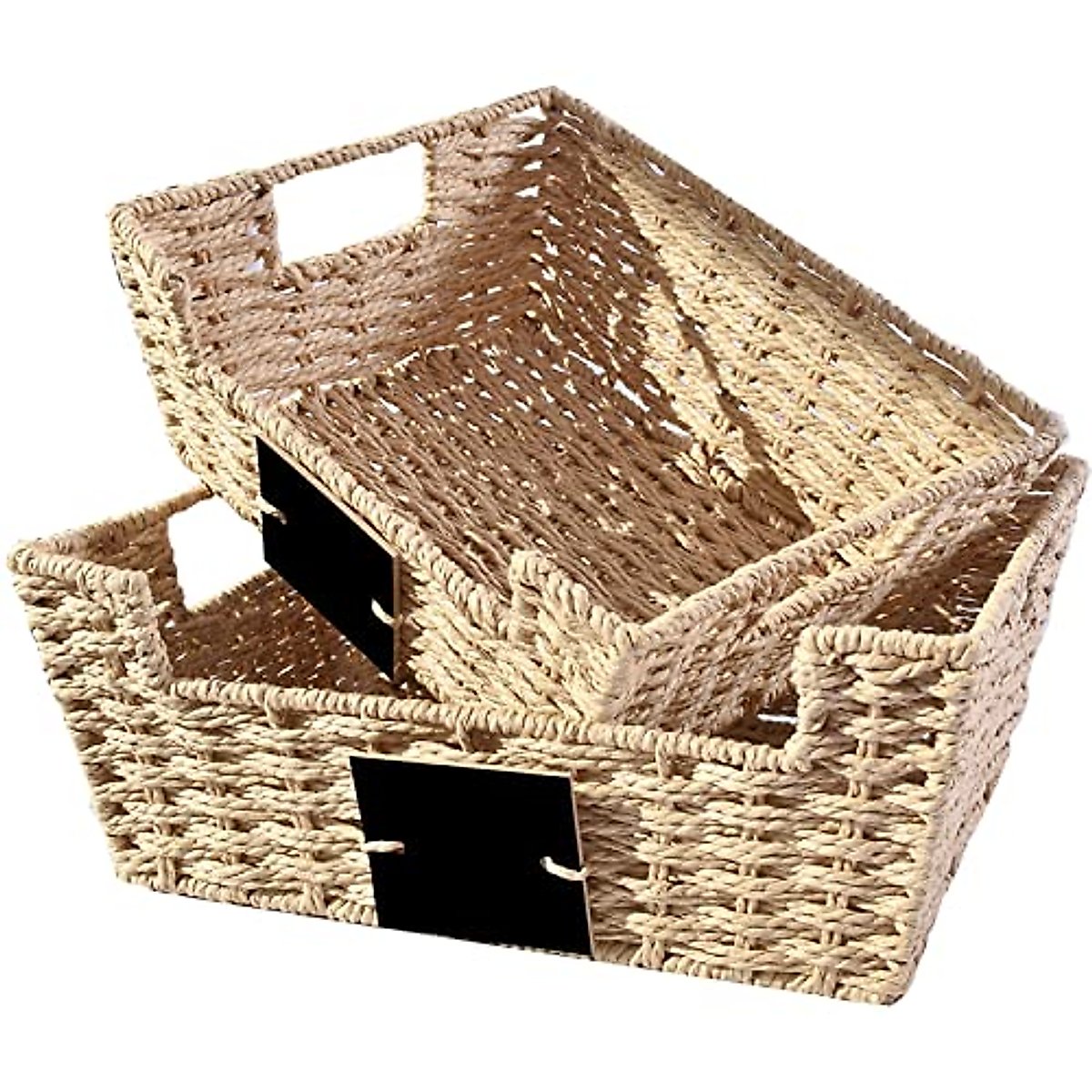 OUTBROS Storage Box Hand-Woven Wicker Storage Baskets, Multipurpose Open-Front Bin, Shelf Nesting Baskets, Desktop Makeup Organizer Container with Built-In Carry Handles, Paper Rope, Natural