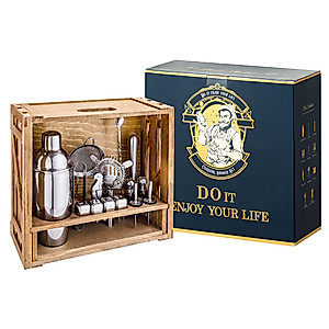 Oyydecor 18 Piece Cocktail Shaker Set with Rustic Pine Stand, Gifts for Men Dad Grandpa,Stainless Steel Bartender Kit Bar Tools Set, Home, Bars, Parties and Traveling (Silver)