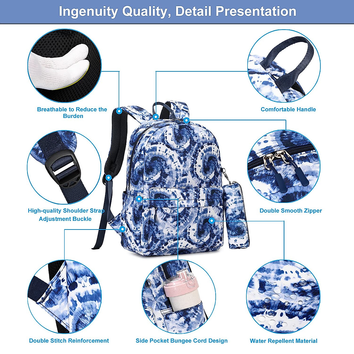 WUUDWALK Backpack for Girls Kids School Backpack/Tie Dye Kids' Bag with Lunch Box Preschool Kindergarten BookBag Set (Tie Dye Blue)