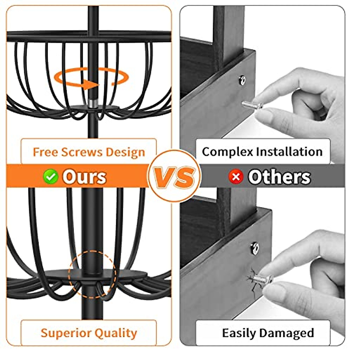 5 Tier Fruit Basket for Kitchen Counter, Large Capacity Metal Wire Countertop Fruit Bowl Vegetables Storage, Detachable Snacks Stand Holder Organizer for Onions Potatoes Produce, Black