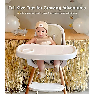 Convertible Baby High Chair, 3-in-1 Wooden Highchair/Toddler Chair with Removable Tray, Feeding & Dining Chair with 5-Point Harness, PU Cushion, Footrest for Babies & Toddlers, Beige