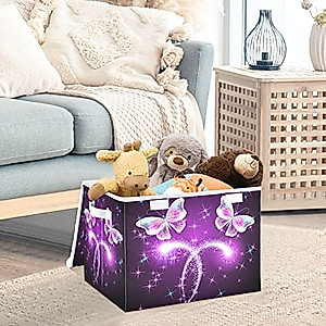 RunningBear Butterflies Firework Star Large Storage Bins with Lid Collapsible Storage Bin Nursery Baskets Foldable Fabric Cube for Closet Shelf Car