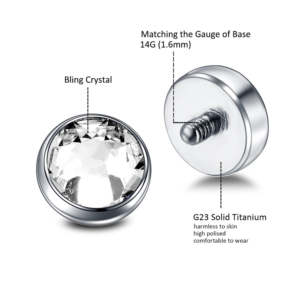 Xpircn 14G Titanium Dermal Anchor Tops Clear CZ Micro Dermal Piercing Jewelry 3mm Round Top 8PCS