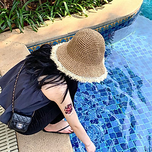 Floppy Straw Sun Hat for Womens Foldable Packable Wide Brim Summer Beach Hat Crochet Frayed Bucket Hat (M, Khaki)