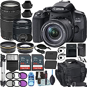 Camera Bundle for Canon EOS 850D / Rebel T8i DSLR with EF-S 18-55mm f/4-5.6 is STM and EF 75-300mm f/4-5.6 III Lens + Accessories Bundle (128GB, 50in Tripod, Extra Battery, and More)