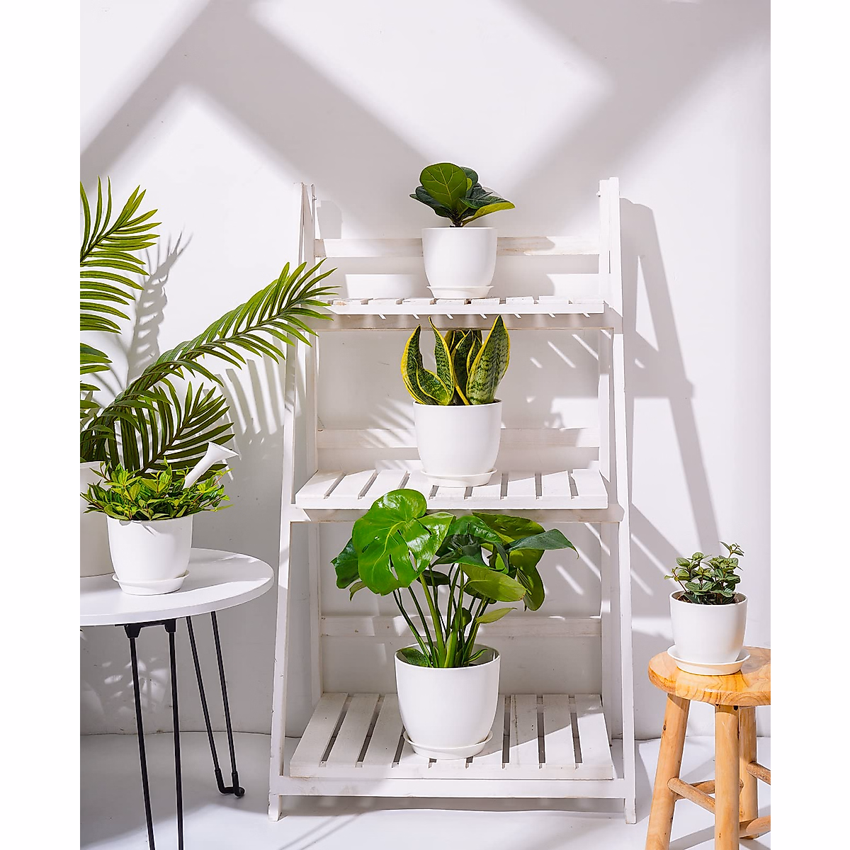 HOMENOTE Plastic Planter, 7/6/5.5/4.8/4.5 Inch Flower Pot Indoor Modern Decorative Pots for Plants with Drainage Hole and Tray for All House Plants, Succulents, Flowers, Cactus, White