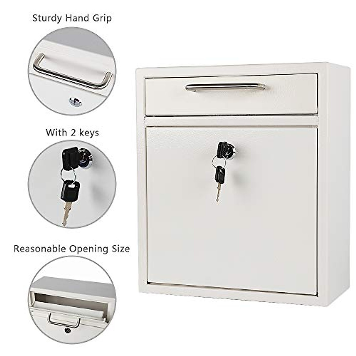 KYODOLED Steel Key Lock Mail Boxes Outdoor,Locking Wall Mount Mailbox,Security Key Drop Box,12H x 10.51L x 4.68W Inches,White Large