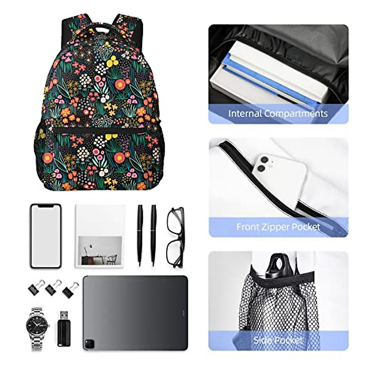 Black Flowers Backpack for Girls - Colorful Floral School Backpacks Wildflowers Plants Bookbag Spring Botanical Foliage Rucksack Seasonal Herb Leaves Daypack Travel Bag