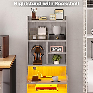 BTHFST Tall Nightstand with Charging Station and LED Lights, LED Gray Nightstand with Drawers and Shelves, Tall Bedside Table with Bookshelf, Side End Table with Storage, Grey