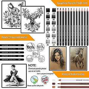 MARTCOLOR Drawing Sketching Pencils Set, 34 Pieces Pro Art Pencil Kit - Graphite Pencils (14B-4H), Charcoal Pencils, Charcoal Sticks, Artist Pencils for Beginners & Pro Artists