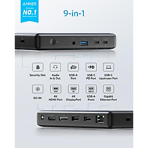Anker USB C Docking Station, PowerExpand 9-in-1 PD Dock, 60W Charging for Laptop, 20W Power Delivery, 4K HDMI and DisplayPort, USB 3.0 and USB 2.0 Data, Gigabit Ethernet, 3.5 mm Audio