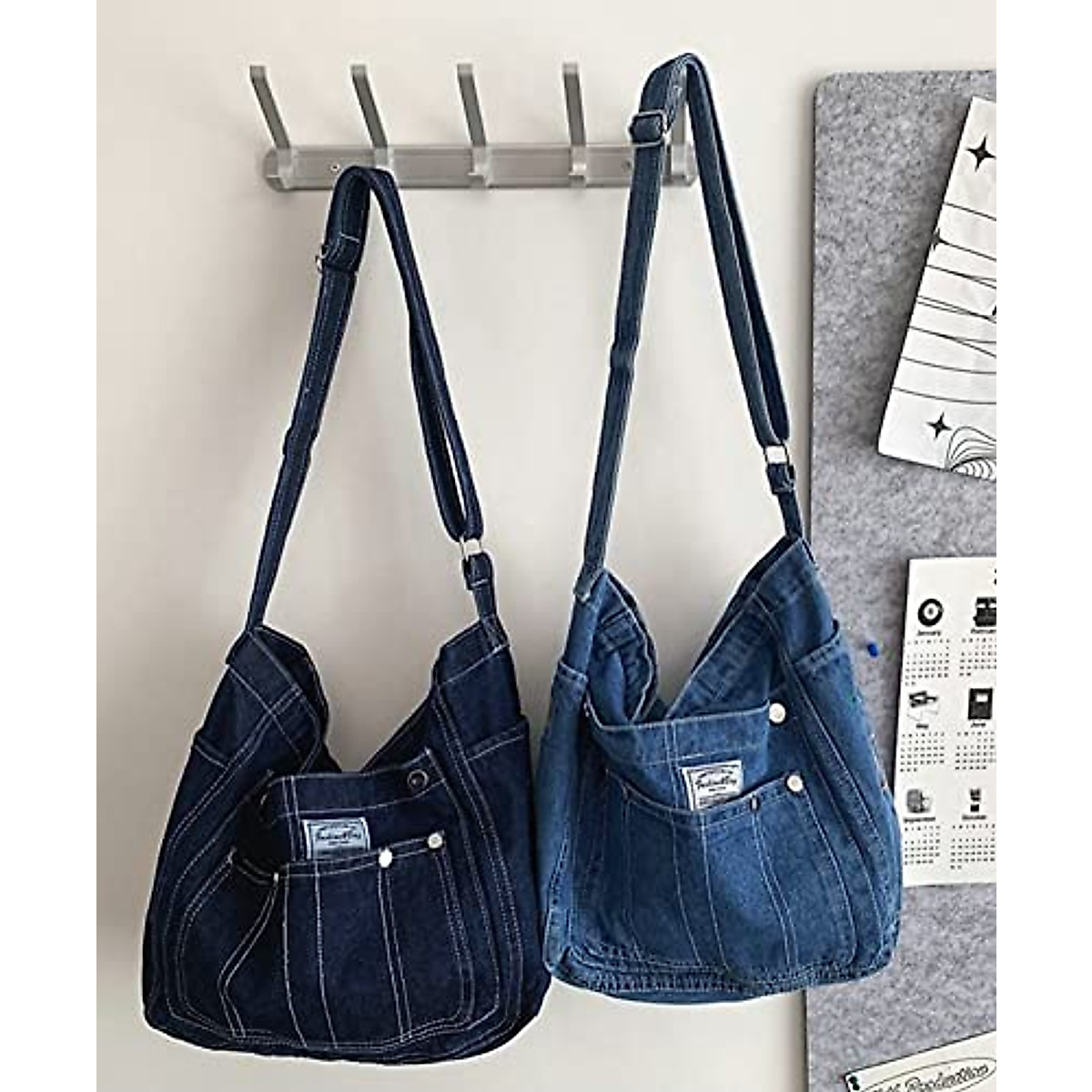 Denim Hobo Bags for Women Retro Jean Shoulder Bag with Embroidery Casual Tote Handbags Multi Pockets Vintage Satchel Bags