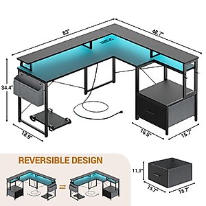 Unikito L Shaped Desk with File Drawer, Reversible L Shaped Computer Desk with Power Outlet & LED Lights, Home Office Desk Corner Desk with Monitor Shelf and Printer Cabinet, Gaming Desk, Black