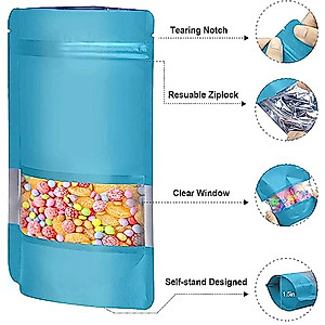 ODDIER 5.5"x7.8" 120pcs Smell Proof Mylar Bags for Food Storage, Stand-up Resealable Mylar Bags Food Storage Bags with Clear Window, Foil Pouch Stand-up Bags for Food Self Sealing Storage（Blue ）