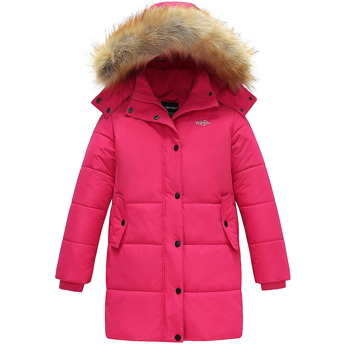 wantdo Girl's Winter Coats Long Puffer Coats Warm Fleece Jacket With Hood Rose Red 10-12