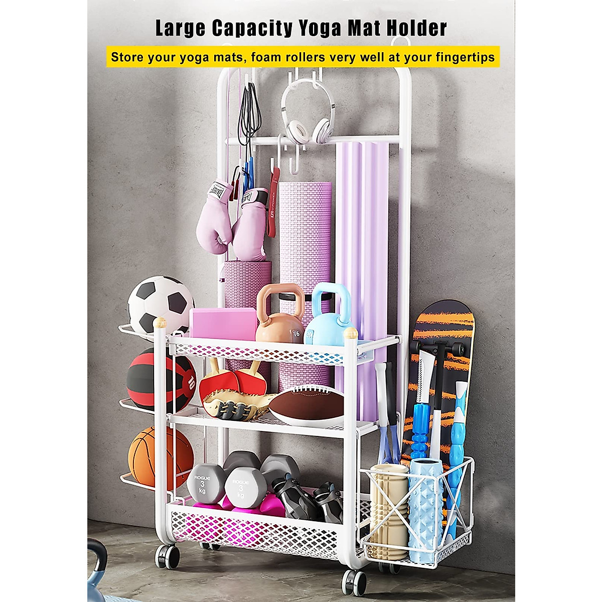 Multifunctional Yoga Accessories Storage Racks, Dumbbells Kettlebells Foam Roller Storage Organizer, Home Gym Fitness Class Rack with Wheels