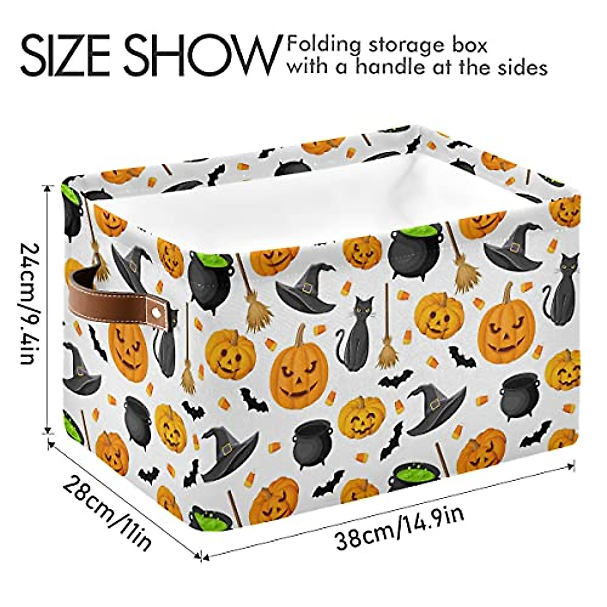 senya Halloween Basket, Large Foldable Storage Basket with Handles Halloween Pumpkin Black Cat Ghost Bat Pattern Fabric Collapsible Storage Bins Organizer Bag for Storage Toy Storage