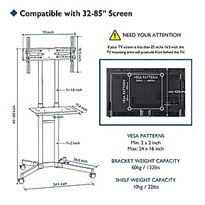 Mobile TV Stand, Rolling TV Stand with Wheels for 32-85Inch LED, LCD, OLED Flat&Curved TVs, Height Adjustable TV Cart with Laptop Shelf and Locking Wheels, Holds Up to 132lbs Max VESA 600x400mm, Black