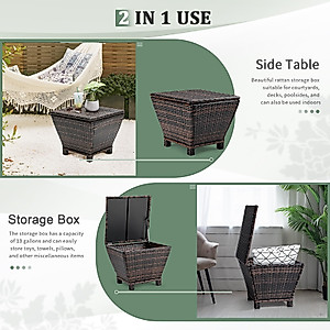 Outdoor Small Deck Box with Lid, Outdoor Wicker Side Table with Storage, Wicker Storage Box Patio Rattan End Table Small Resin Square Container Coffee Table Outdoor Side Table Patio Storage Box