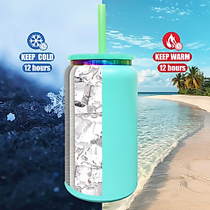 Glass Cups with Lids and Straws, 16 oz Stainless Steel Cups, Insulated Skinny Tumbler, Powder Coated Travel Mugs for Laser Engrave, Iced Coffee Cup for Smoothie Water DIY Gift (Mint Green,1 pack)