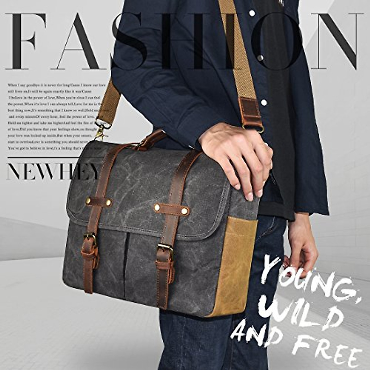 Mens Messenger Bag 15.6 Inch Waterproof Vintage Genuine Leather Waxed Canvas Briefcase Large Satchel Shoulder Bag Rugged Leather Computer Laptop Bag, Grey