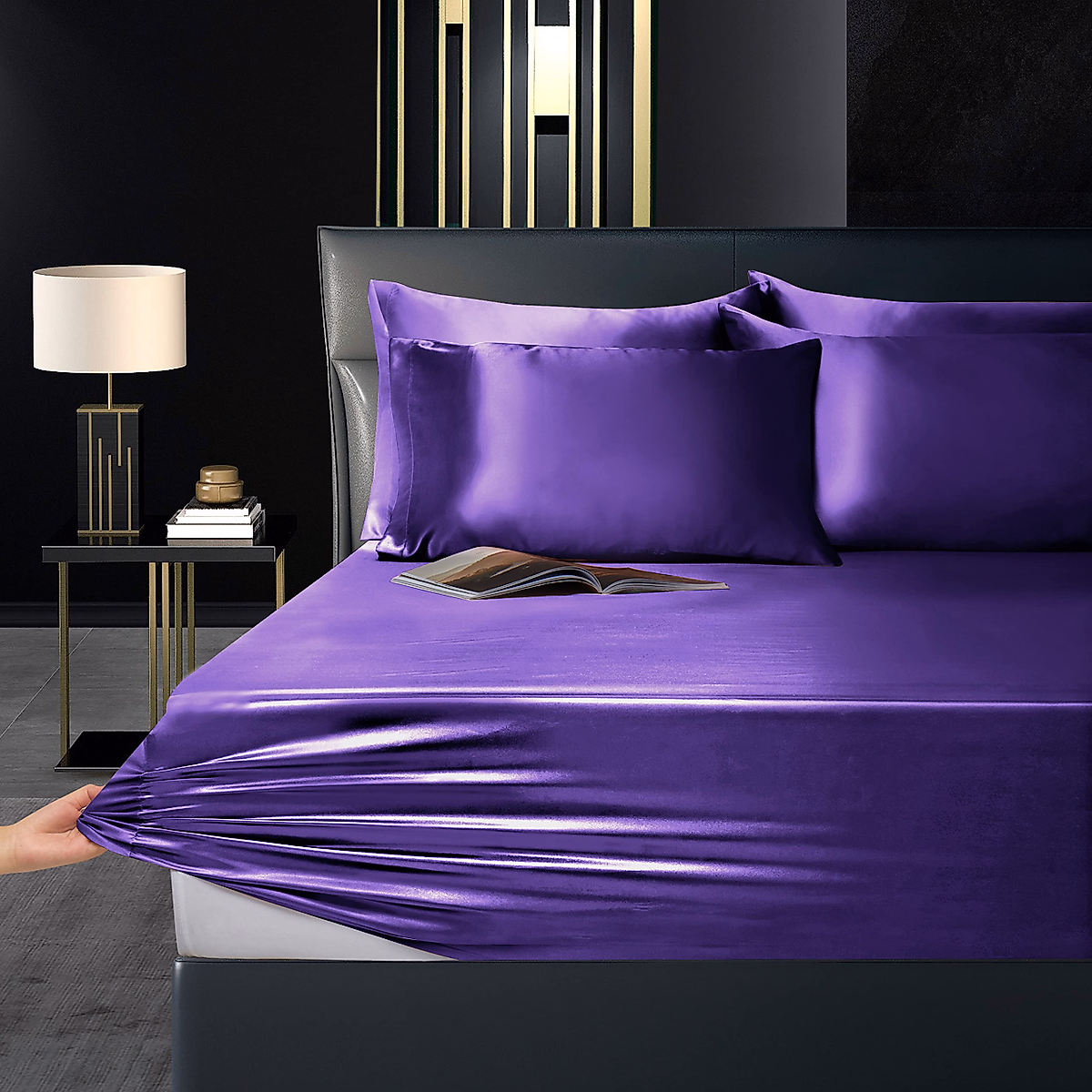 Manyshofu 6Pcs Dark Purple Duvet Cover Set Queen Size with Satin Fitted Sheet - Not Comforter, Cooling Satin Duvet Cover Sheets Silky Comforter Cover Set(4 Pillowcases, 1 Duvet Cover, 1 Fitted Sheet)