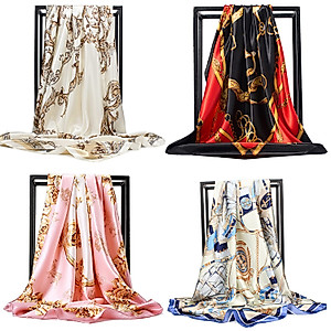 NUWEERIR 4pc Mixed Womens Large Square Scarf Set Silk Feeling Satin Hair Wrapping 35x35 inches (Set 10)