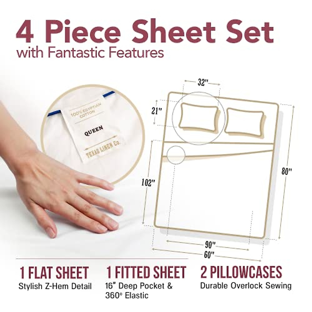 TEXAS LINEN CO. Egyptian Cotton Queen Sheet Set, 800 TC 4 PC Silver Grey Egyptian Cotton Sheets for Queen Size Bed, Extra Long Staple Cooling Sheets, Luxury Hotel Sheets, Deep Pocket Queen Sheets Set