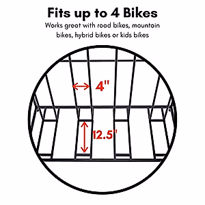 4 Bike Stand Rack with Storage – Great for Parking Road, Mountain, Hybrid or Kids Bikes – Garage Organizer - Helmet - Sports Storage Station - Black