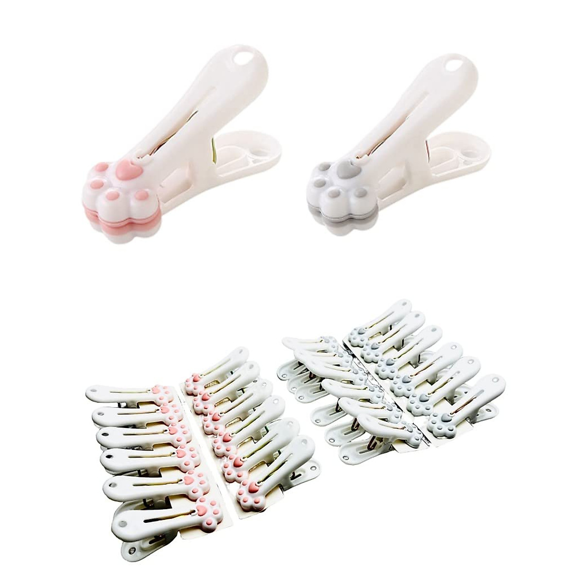 Ctpeng 24 Pack Traceless Plastic Clothespins,Clothes Pins Hanging Clips for Laundry,Cute Chip Clips, Food Bag Clips with Strong Grip for Snack Coffee Chips Storage(Cat Paw Pattern,Pink&Grey)