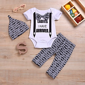 Kashoer 3Pcs Newborn Baby Boy Girls Bowtie Letters Romper Suit+Long Moustache Pant+Hat Kid Playsuit (White, 0-3Months)