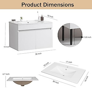 QuixotYDDZ 36 Inch Bathroom Vanity, Modern Freestanding Bathroom Vanity Cabinet with Ceramic Vessel Sink, Rubber Wood Bathroom Storage Cabinet with Top Basin and Metal Legs, White(No Faucets)