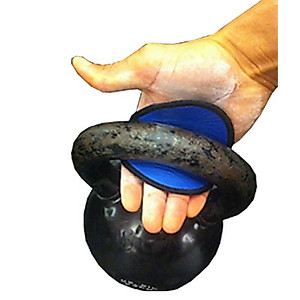 Real Leather Workout Gym Grip Pads w 4 Finger Loop Sweatproof Backing (Blue)