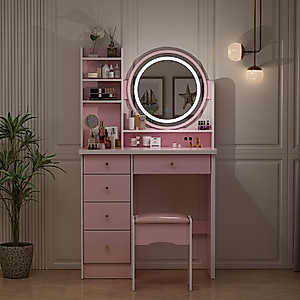 ECACAD Vanity Desk Set with LED Lighted Round Mirror, Makeup Dressing Table with 5 Drawers, Storage Shelves & Cushioned Stool for Bedroom, Pink