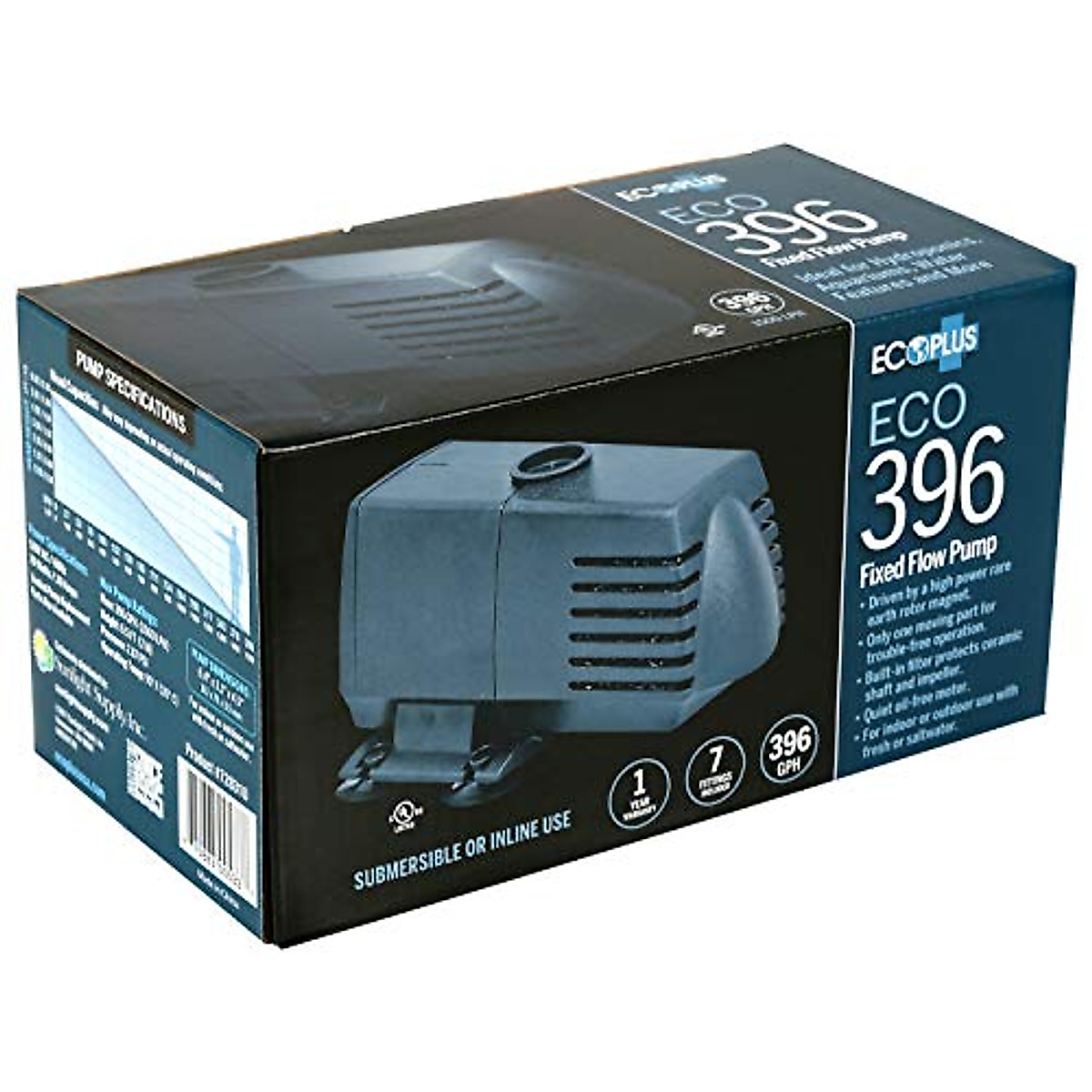 EcoPlus Eco 396 Water Pump Fixed Flow Submersible Or Inline For Aquariums, Ponds, Fountains & Hydroponics - UL Listed, 396 GPH, Black